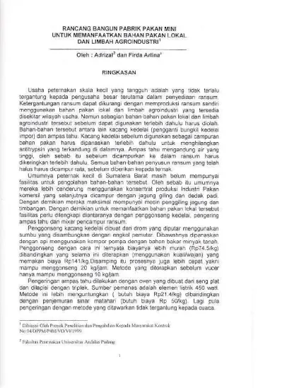 RANCANG BANGUN PABRIK PAKAN MINI UNTUK MEMANFAATKAN BAHAN PAKAN LOKAL ...