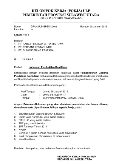 Undangan Pembuktian Kualifikasi Gedung Pusdalops (Lanjutan)