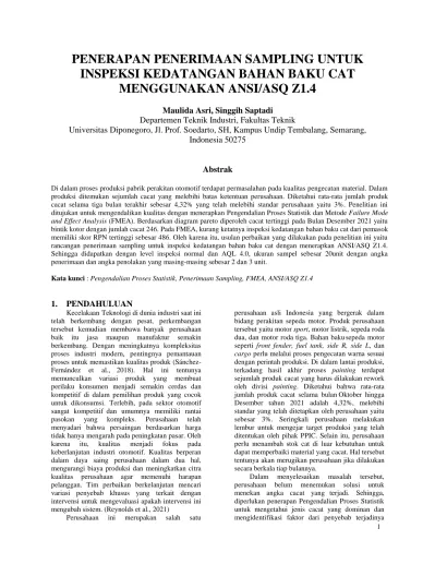 PENERAPAN PENERIMAAN SAMPLING UNTUK INSPEKSI KEDATANGAN BAHAN BAKU CAT ...