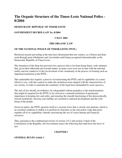 The Organic Structure of the Timor-Leste National Police - 8/2004