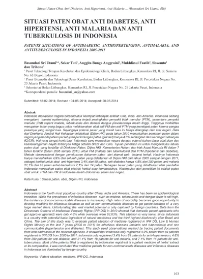 Situasi Paten Obat Anti Diabetes, Anti Hipertensi, Anti Malaria dan ...