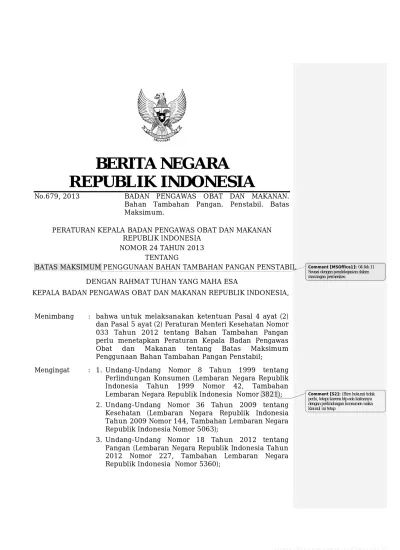 BERITA NEGARA. BADAN PENGAWAS OBAT DAN MAKANAN. Bahan Tambahan Pangan ...