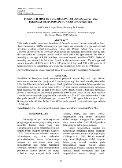 PENGARUH MINYAK BIJI JARAK PAGAR (Jatropha curcas Linn.) TERHADAP ...