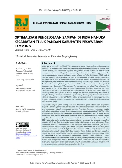OPTIMALISASI PENGELOLAAN SAMPAH DI DESA HANURA KECAMATAN TELUK PANDAN ...