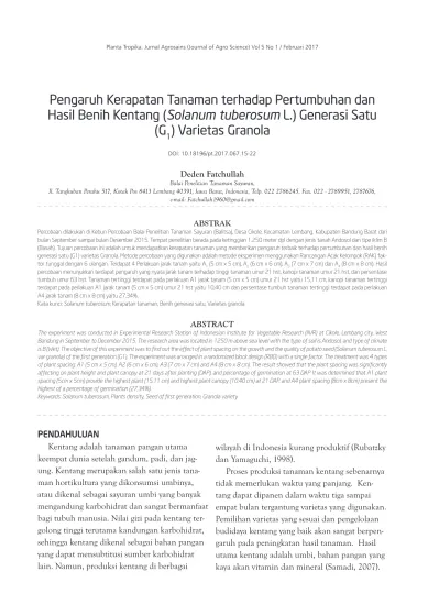 Pengaruh Kerapatan Tanaman terhadap Pertumbuhan dan Hasil Benih Kentang ...