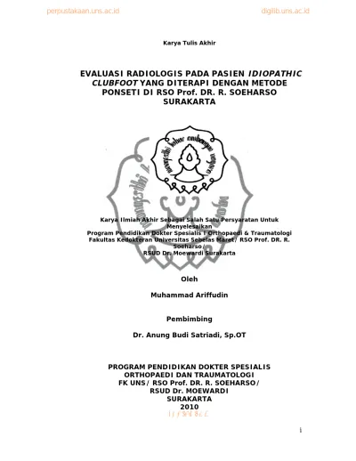 EVALUASI RADIOLOGIS PADA PASIEN IDIOPATHIC CLUBFOOT YANG DITERAPI ...