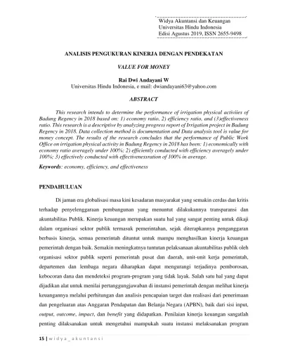 ANALISIS PENGUKURAN KINERJA DENGAN PENDEKATAN VALUE FOR MONEY. Rai Dwi ...