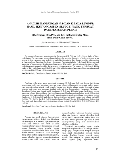 ANALISIS KANDUNGAN N, P DAN K PADA LUMPUR HASIL IKUTAN GASBIO (SLUDGE ...