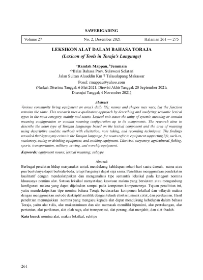 LEKSIKON ALAT DALAM BAHASA TORAJA (Lexicon of Tools in Toraja s Language)