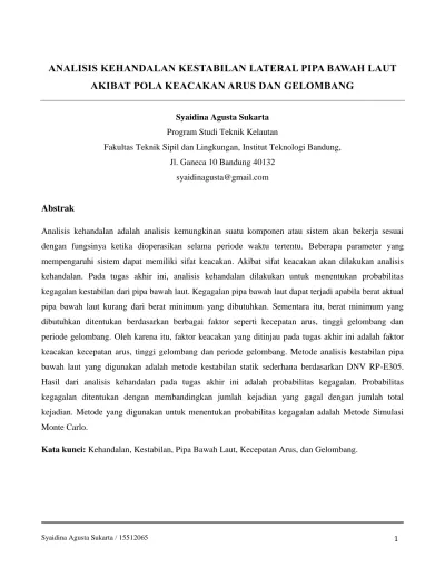 ANALISIS KEHANDALAN KESTABILAN LATERAL PIPA BAWAH LAUT AKIBAT POLA ...