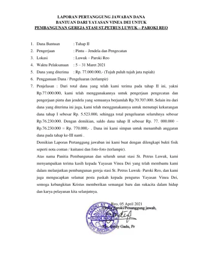 LAPORAN PERTANGGUNG JAWABAN DANA BANTUAN DARI YAYASAN VINEA DEI UNTUK ...