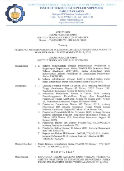 INSTITTIT TEKNOLOGI SEPTILTIH NOPEM BER FAKULTAS SAINS Kampus ITS ...