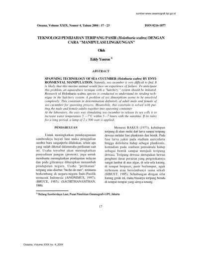 TEKNOLOGI PEMIJAHAN TERIPANG PASIR (Holothuria scabra) DENGAN CARA ...