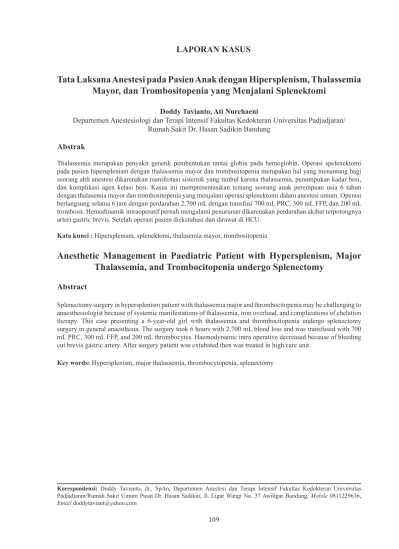 Anesthetic Management in Paediatric Patient with Hypersplenism, Major ...