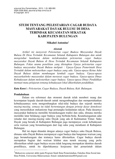 STUDI TENTANG PELESTARIAN CAGAR BUDAYA MASYARAKAT DAYAK BULUSU DI DESA ...