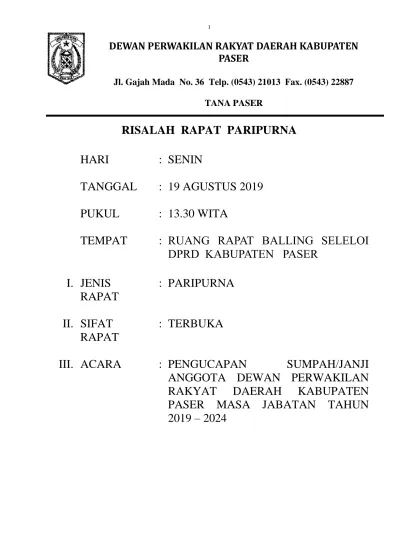 RISALAH RAPAT PARIPURNA TANGGAL : 19 AGUSTUS 2019 : RUANG RAPAT BALLING ...