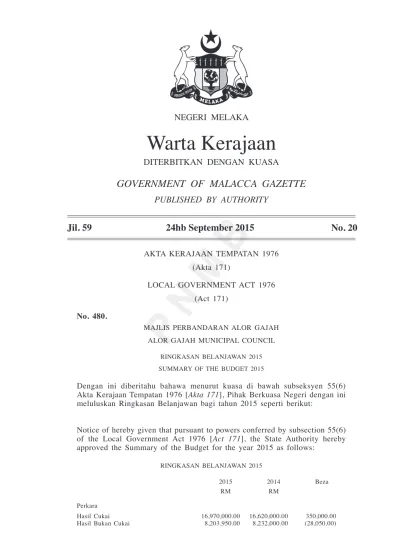 NEGERI MELAKA. Warta Kerajaan DITERBITKAN DENGAN KUASA GOVERNMENT OF ...