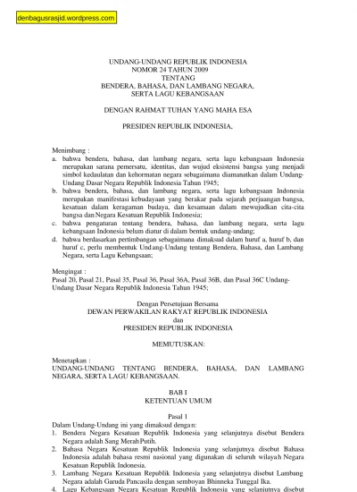 UNDANG-UNDANG REPUBLIK INDONESIA NOMOR 24 TAHUN TENTANG BENDERA, BAHASA ...