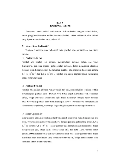 BAB 3 RADIOAKTIVITAS 3.1 Jenis Sinar Radioaktif (1) Partikel Alfa (α ...