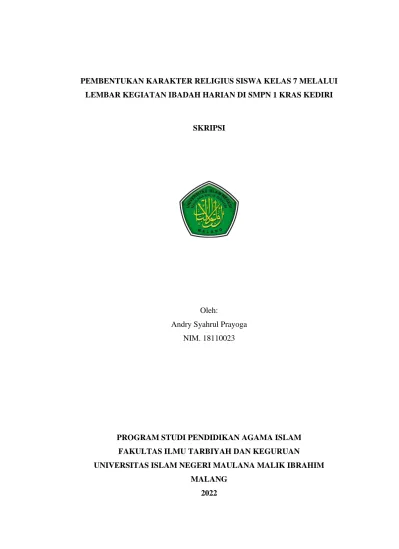Pembentukan karakter religius siswa Kelas 7 melalui lembar kegiatan ...