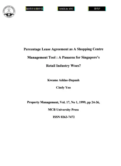 Percentage Lease Agreement as A Shopping Centre. Management Tool: A ...