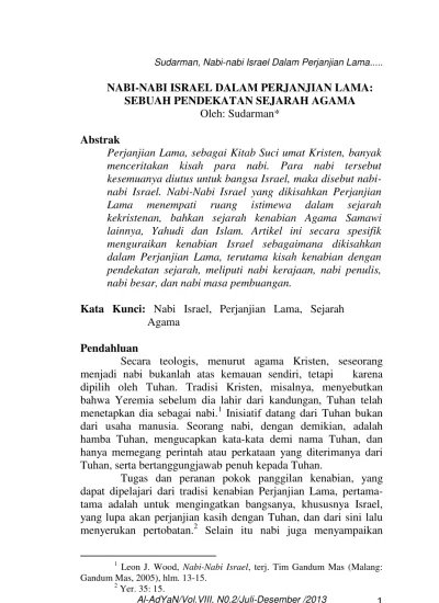 Nabi-nabi Israel Dalam Perjanjian Lama: Sebuah Pendekatan Sejarah Agama