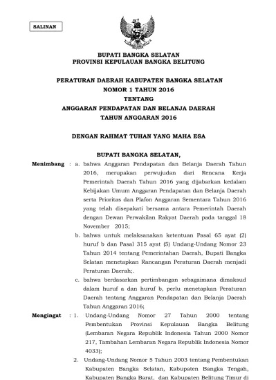 BUPATI BANGKA SELATAN PROVINSI KEPULAUAN BANGKA BELITUNG