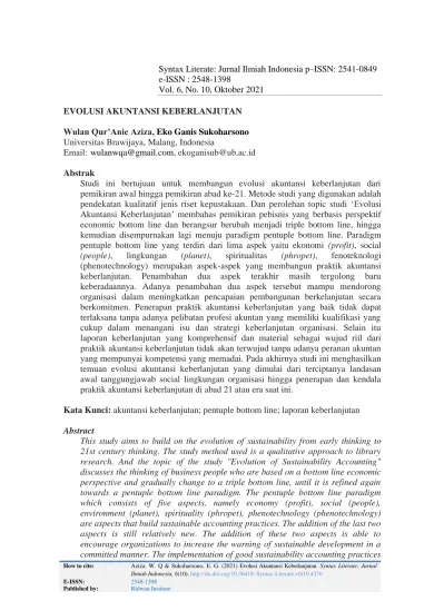 Kata Kunci: akuntansi keberlanjutan; pentuple bottom line; laporan ...