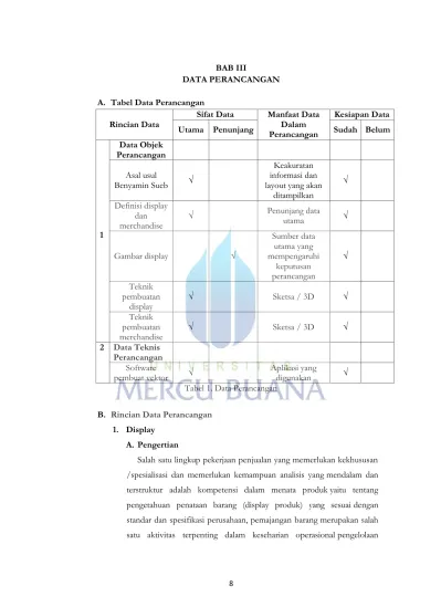 BAB III DATA PERANCANGAN. A. Tabel Data Perancangan Sifat Data Manfaat ...