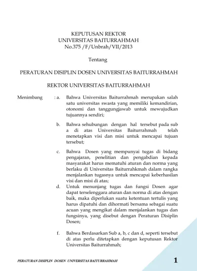 KEPUTUSAN REKTOR UNIVERSITAS BAITURRAHMAH No.375 /F/Unbrah/VII/2013 ...