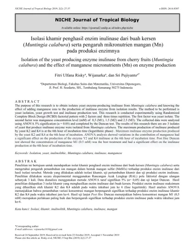 Isolasi khamir penghasil enzim inulinase dari buah kersen (Muntingia ...