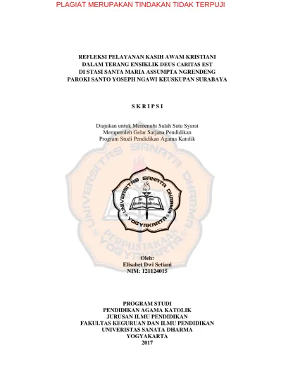 Refleksi pelayanan Kasih Awam Kristiani dalam terang ensiklik Deus ...