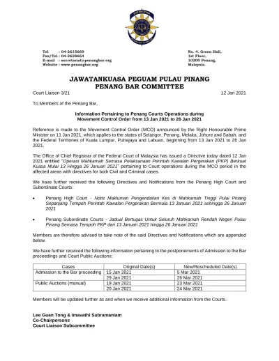 JAWATANKUASA PEGUAM PULAU PINANG PENANG BAR COMMITTEE Court Liaison 3/ ...