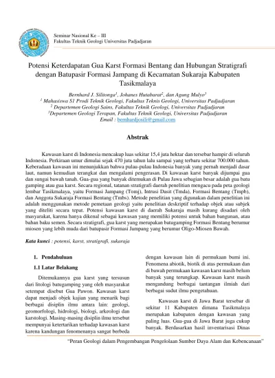 Potensi Keterdapatan Gua Karst Formasi Bentang dan Hubungan Stratigrafi ...