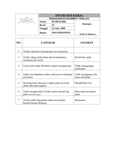 INSTRUKSI KERJA PENGGUNAAN ROOMBOY TROLLEY Nomor IK-HK Revisi 01