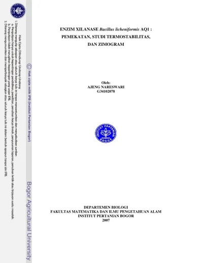 ENZIM XILANASE Bacillus licheniformis AQ1 : PEMEKATAN, STUDI ...