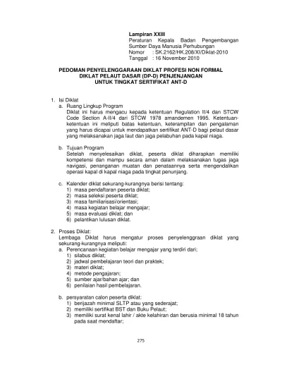 PEDOMAN PENYELENGGARAAN DIKLAT PROFESI NON FORMAL DIKLAT PELAUT DASAR ...