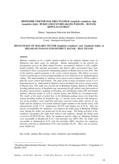 BIONOMIK VEKTOR MALARIA NYAMUK Anopheles sundaicus dan Anopheles ...