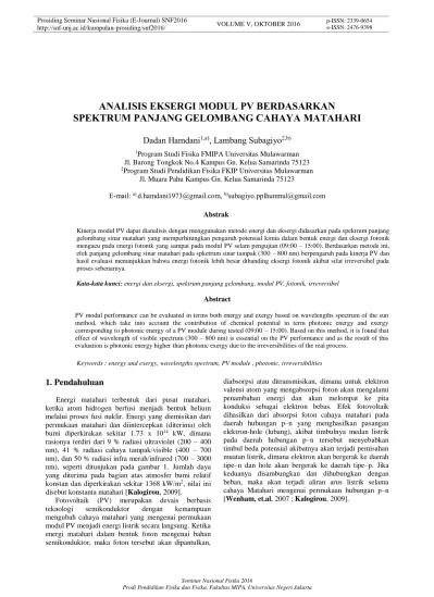 ANALISIS EKSERGI MODUL PV BERDASARKAN SPEKTRUM PANJANG GELOMBANG CAHAYA ...