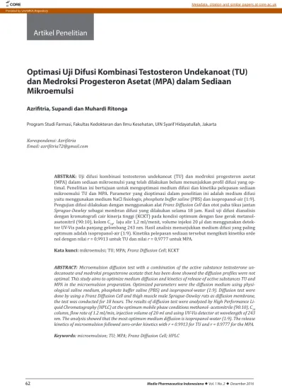 Optimasi Uji Difusi Kombinasi Testosteron Undekanoat (TU) dan Medroksi ...