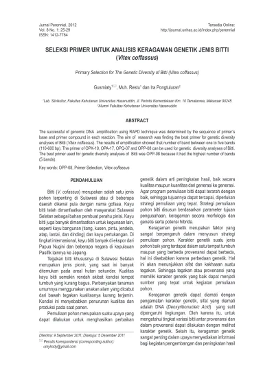 SELEKSI PRIMER UNTUK ANALISIS KERAGAMAN GENETIK JENIS BITTI (Vitex ...