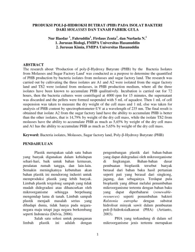 PRODUKSI POLI-β-HIDROKSI BUTIRAT (PHB) PADA ISOLAT BAKTERI DARI ...