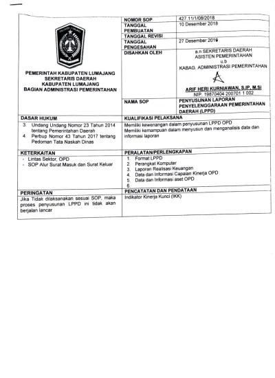 NOMOR SOP TANGGAL PEMBUATAN TANGGAL REVISI TANGGAL PENGESAHAN DISAHKAN ...