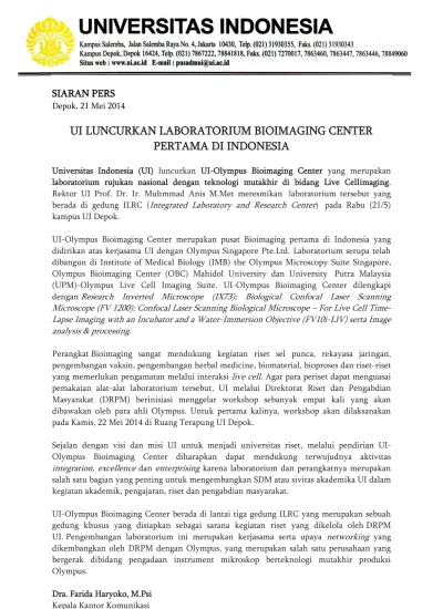 UI LUNCURKAN LABORATORIUM BIOIMAGING CENTER PERTAMA DI INDONESIA