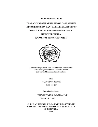 NASKAH PUBLIKASI PRARANCANGAN PABRIK FENOL DARI KUMEN Prarancangan ...