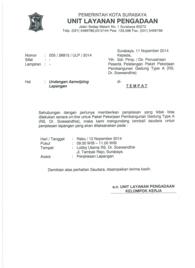 undangan aanwijzing lapangan Pembangunan Gedung Type A (RS Dr Soewandhie)